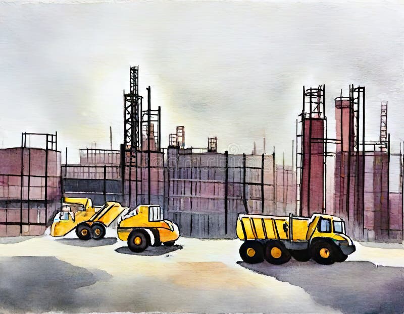 Watercolor of Construction Site with Powerful Stock Illustration ...
