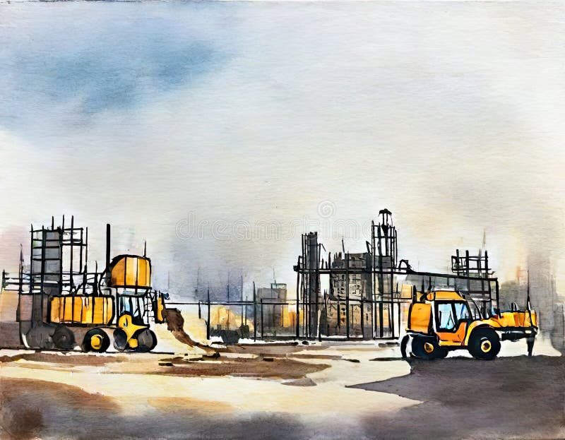 Watercolor of Construction Site with Powerful Stock Illustration ...