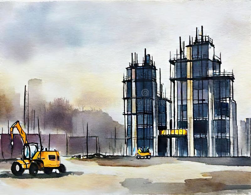 Watercolor of Construction Site with Powerful Stock Illustration ...