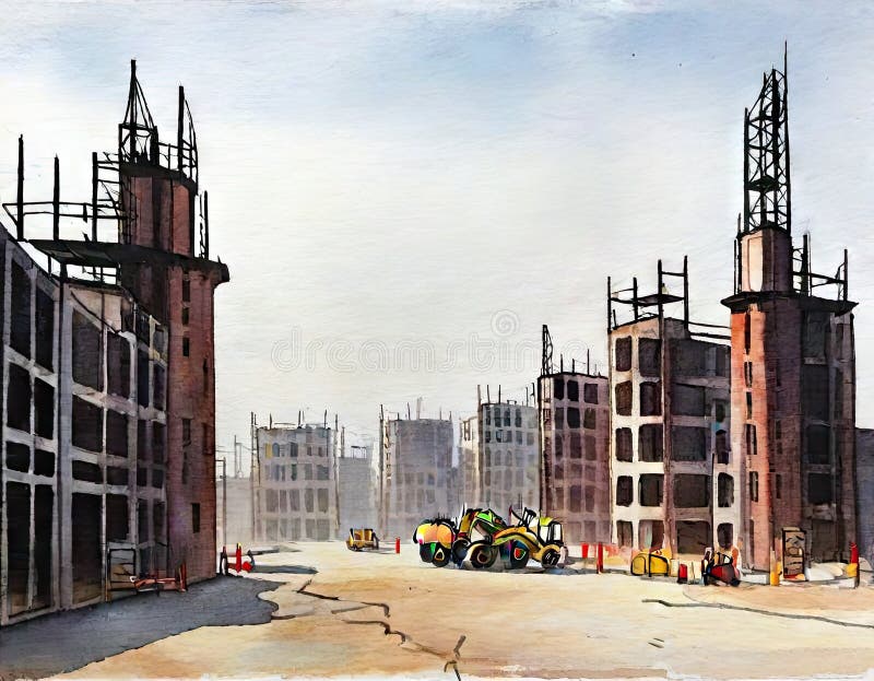 Watercolor of Construction Site with Powerful Stock Illustration ...