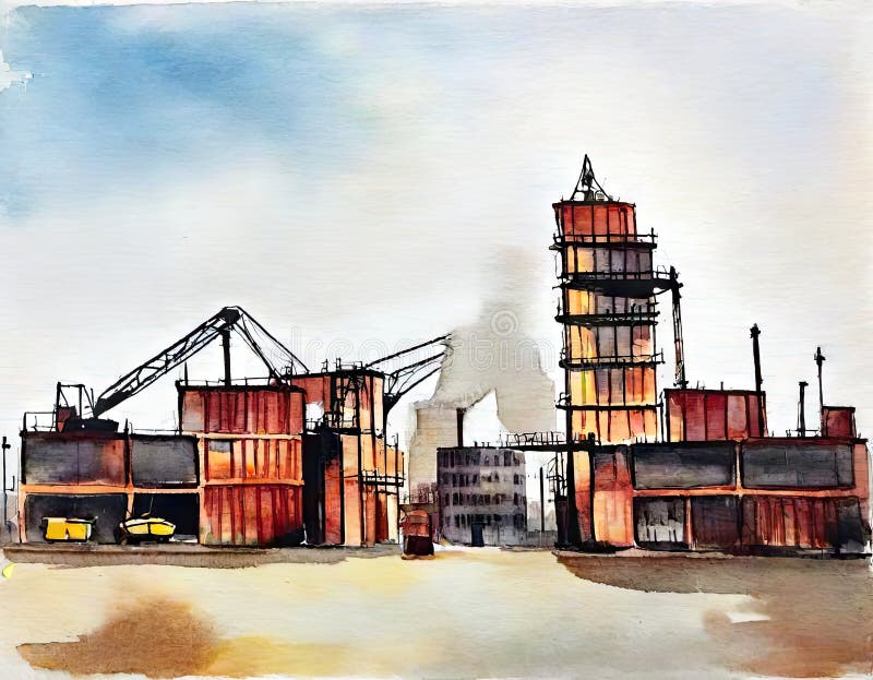Watercolor of Construction Site with Powerful Stock Illustration ...