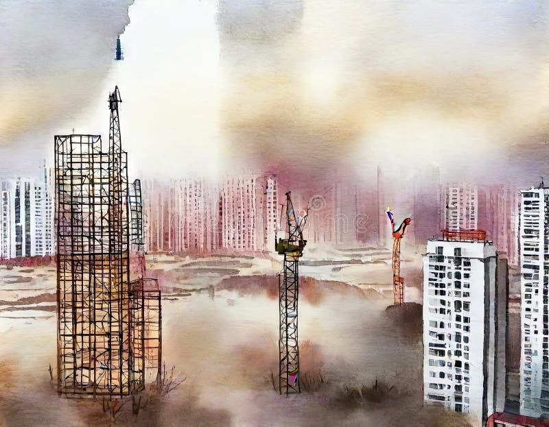 Watercolor of Construction Site View with a Morning Stock Illustration ...