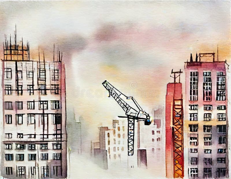 Watercolor of Construction Site View with a Morning Stock Illustration ...