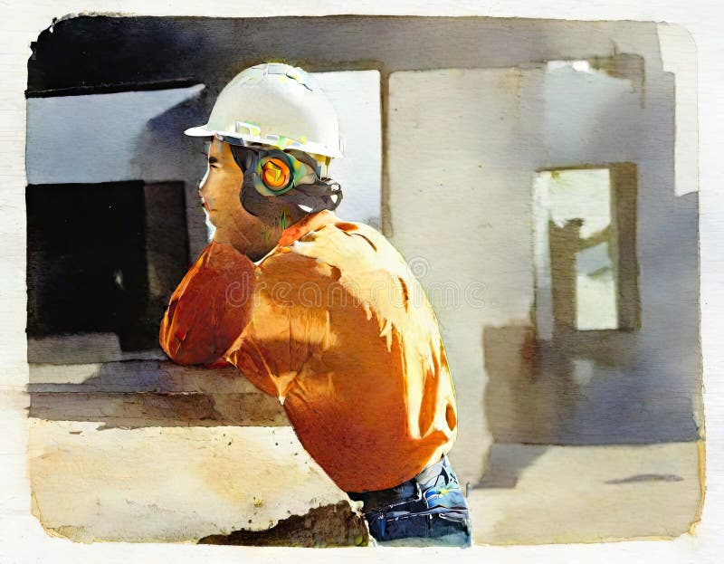 Watercolor of Construction Site Worker with Helmets Waiting Near ...