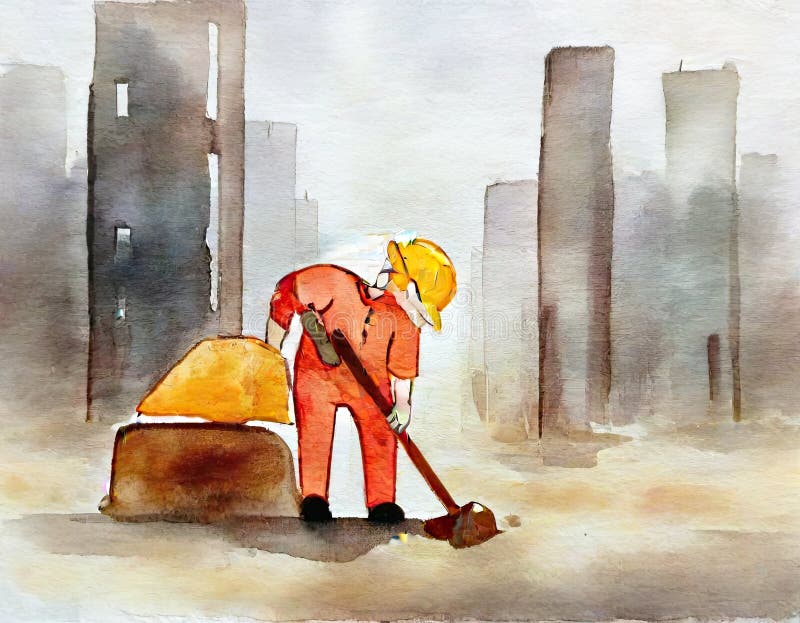 Watercolor of Construction Worker at Construction Site with Excavator ...