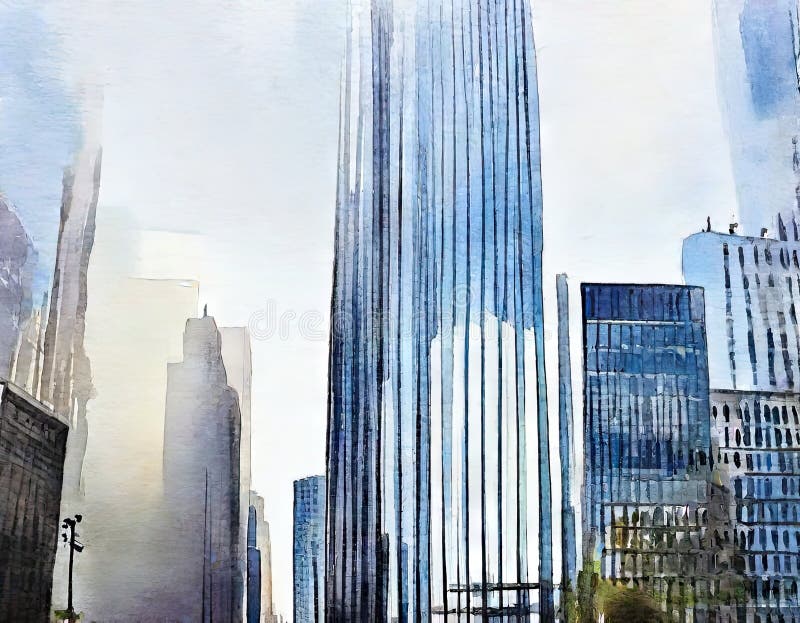Watercolor of Contemporary Skyscraper Stock Illustration - Illustration ...