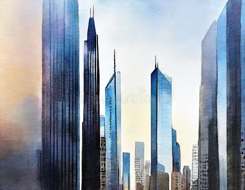 Watercolor of Contemporary Skyscraper Stock Illustration - Illustration ...