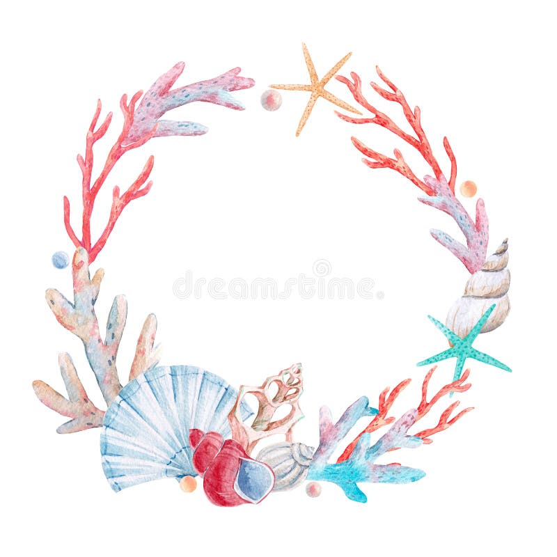 Watercolor, , Sea, Coral, Shell Stock Illustration - Illustration of ...