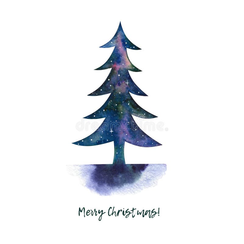 Watercolor Cosmic Christmas Pine Tree Stock Illustration - Illustration ...