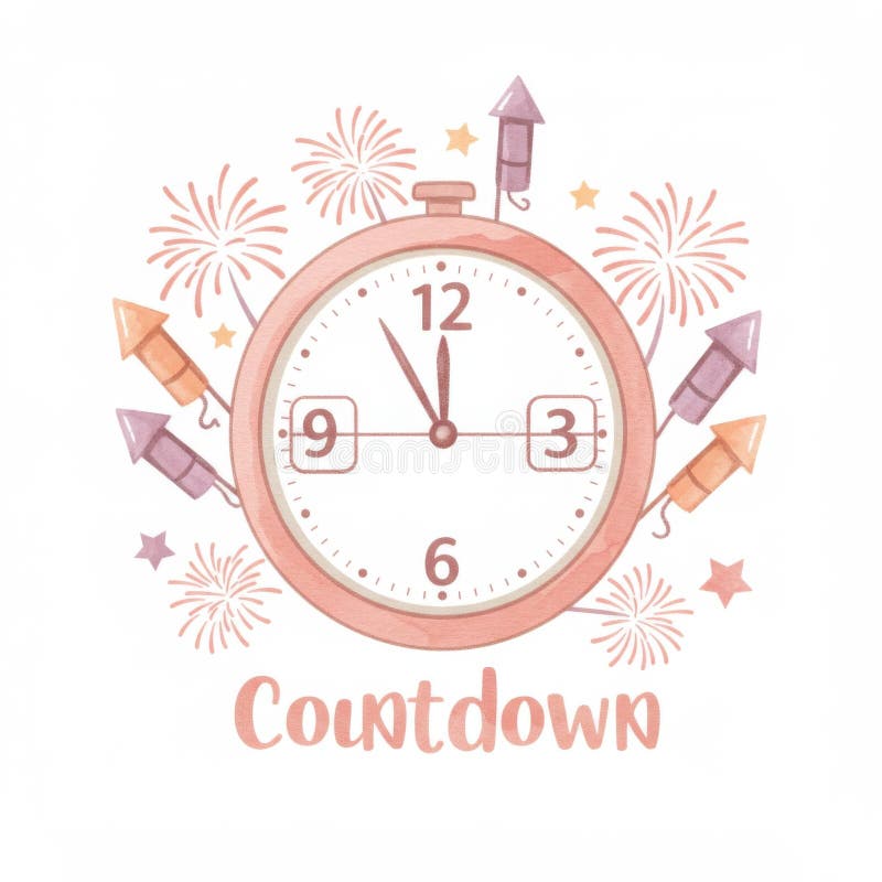 Watercolor Countdown Clock with Fireworks Stock Illustration ...