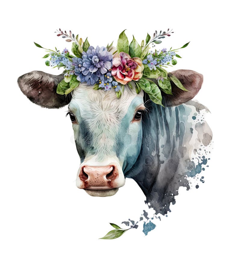 Watercolor Cow and Flower on Head Stock Illustration - Illustration of ...