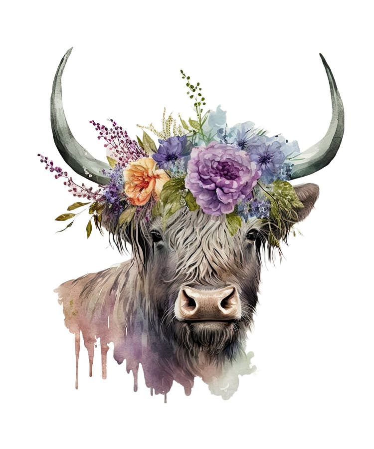 Watercolor Cow and Flower on Head Stock Illustration - Illustration of ...