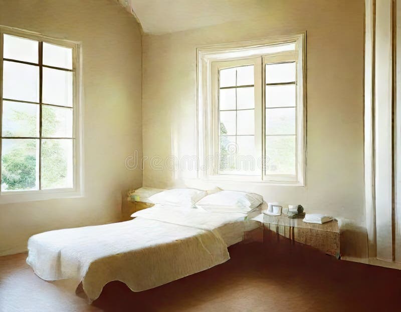 Watercolor of the Cozy Bedroom with Windows Stock Illustration ...