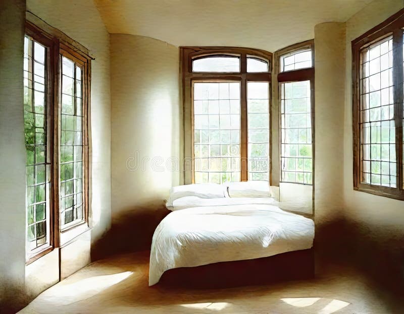 Watercolor of the Cozy Bedroom with Windows Stock Illustration ...