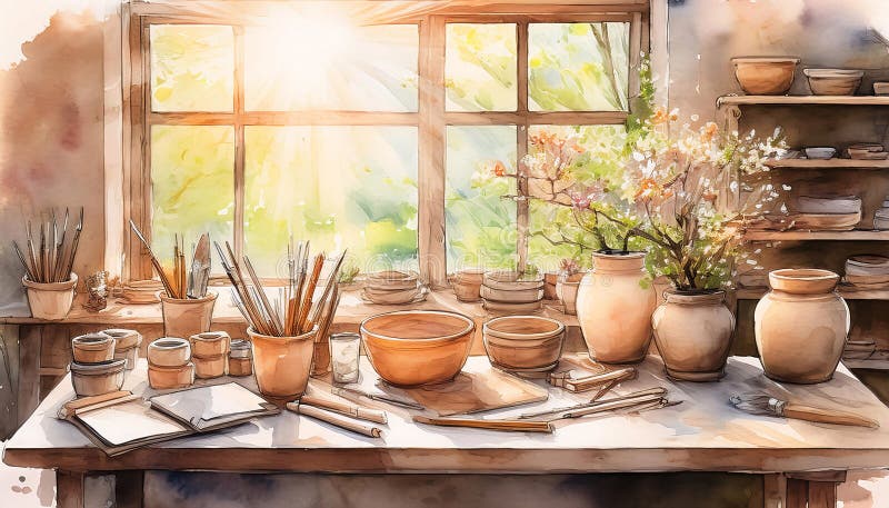 Watercolor of a Cozy Pottery Workspace with Sunlight Streaming in Stock ...