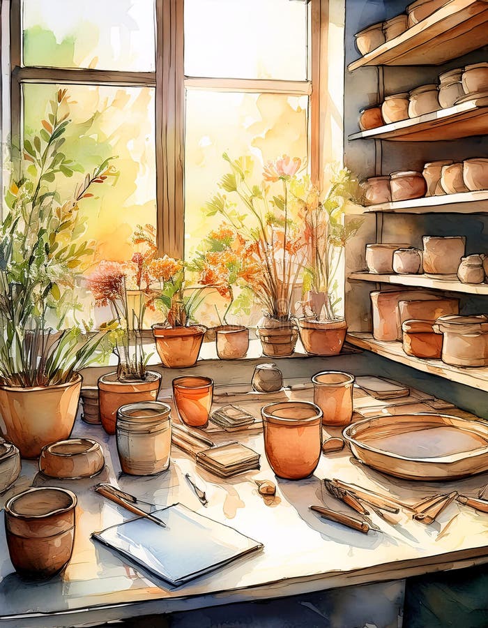 Watercolor of a Cozy Pottery Workspace with Sunlight Streaming in Stock ...