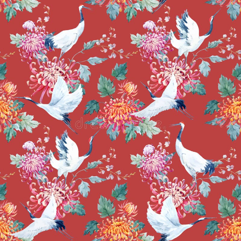 Watercolor crane pattern stock vector. Illustration of flower - 81536411