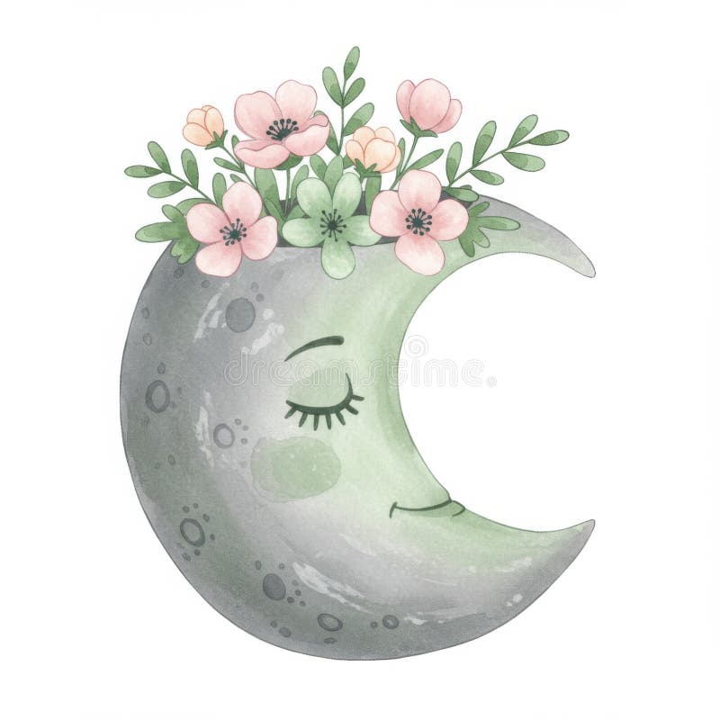 Watercolor Crescent Moon with Pink and Green Flowers Stock Illustration ...