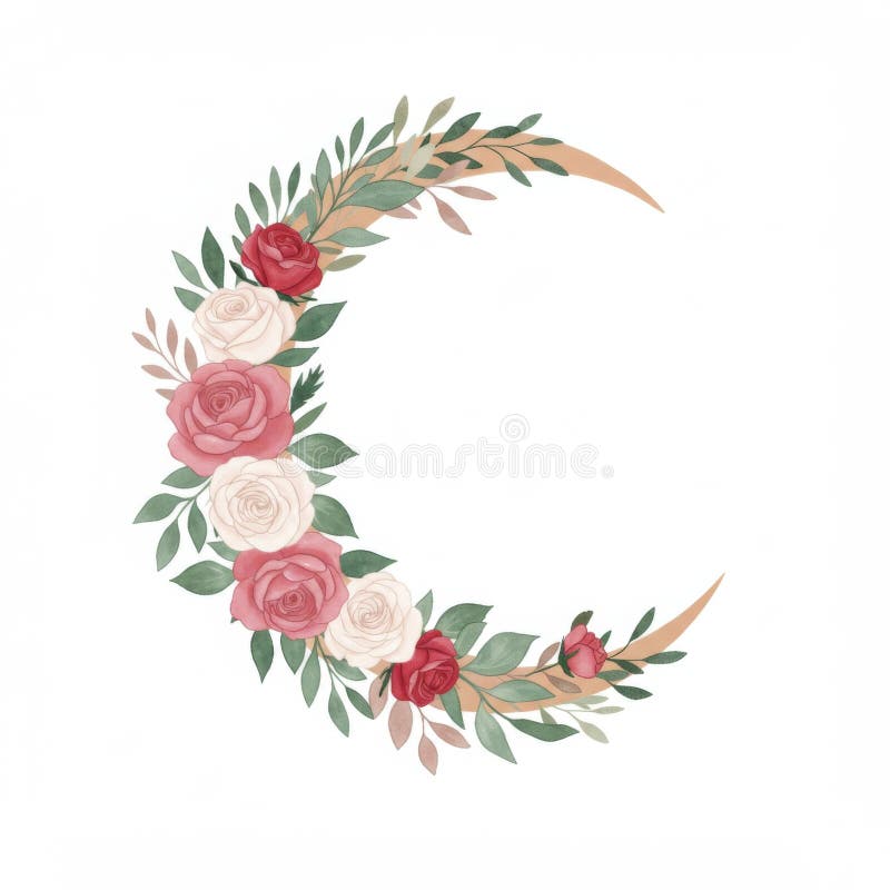 Watercolor Crescent Moon with Pink and White Roses Stock Illustration ...