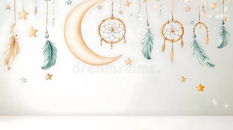 Watercolor Crescent Moon and Stars with Dreamcatchers and Feathers ...