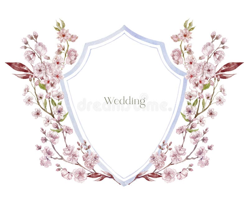 Watercolor Crest with Cherry Flowers on the White Background. Stock ...