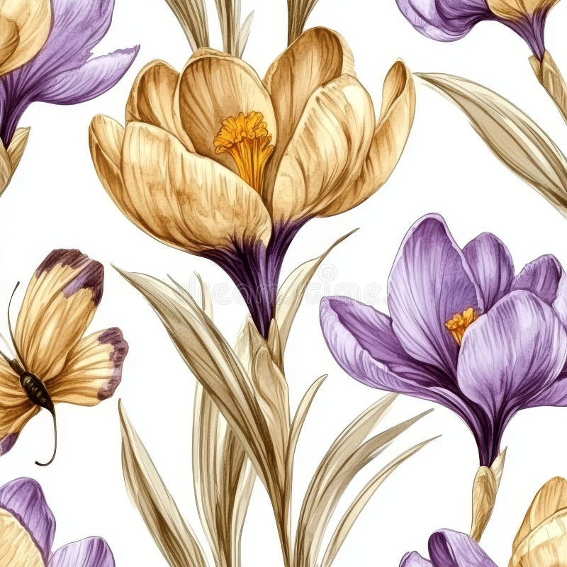 A Watercolor Crocus and Other Spring Flowers are Arranged in a Seamless ...
