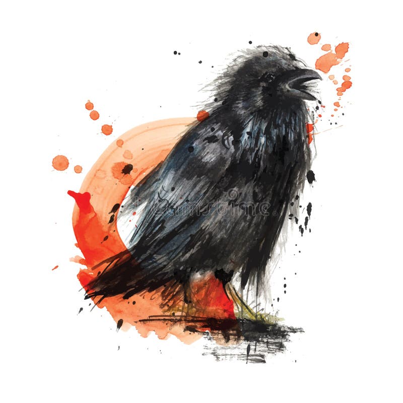 Watercolor Black Crow Illustration with Red Splashes Stock Vector ...