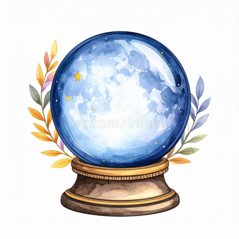 Watercolor Crystal Ball with Moon and Stars Stock Illustration ...