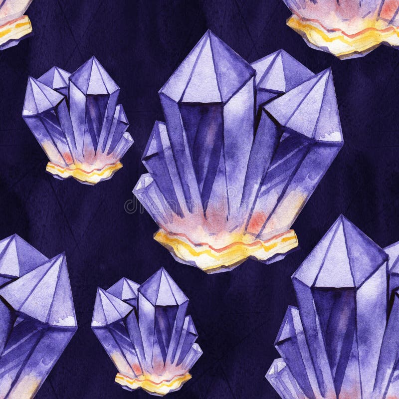 Watercolor Crystals in Violet Colors. Hand Drawn Seamless Pattern Stock ...