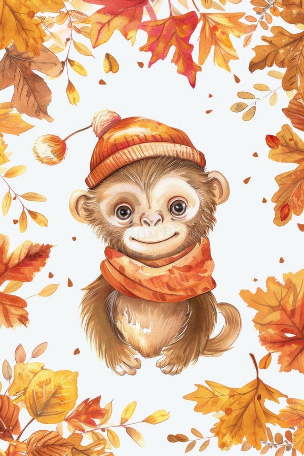 Watercolor Cute Autumn Monkey Clipart Sublimation Stock Illustration ...