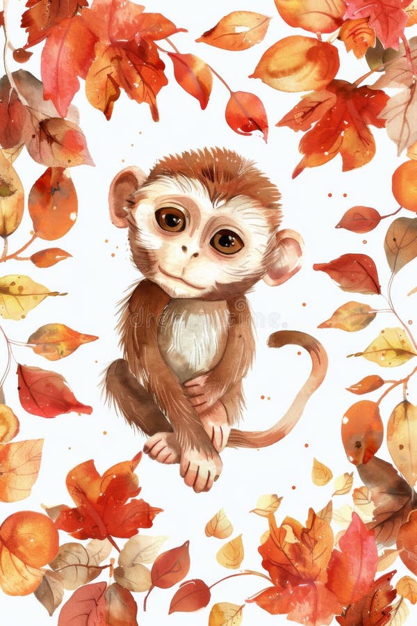Watercolor Cute Autumn Monkey Clipart Sublimation Stock Illustration ...