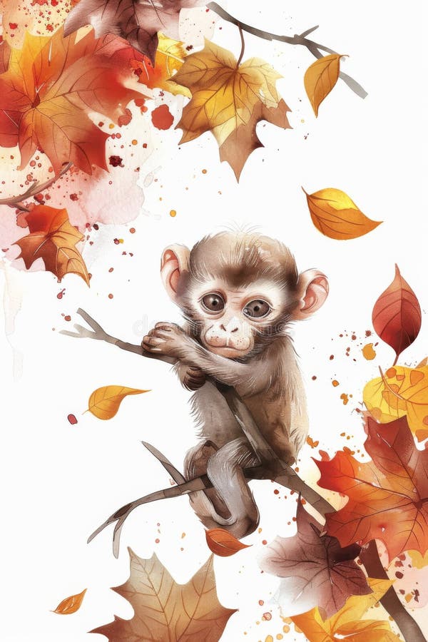 Watercolor Cute Autumn Monkey Clipart Sublimation Stock Illustration ...