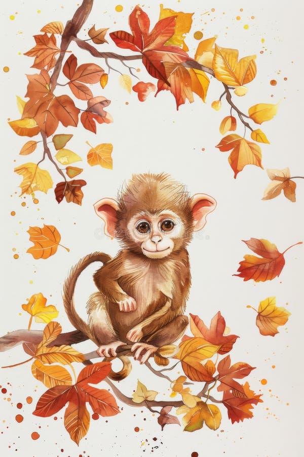 Watercolor Cute Autumn Monkey Clipart Sublimation Stock Illustration ...