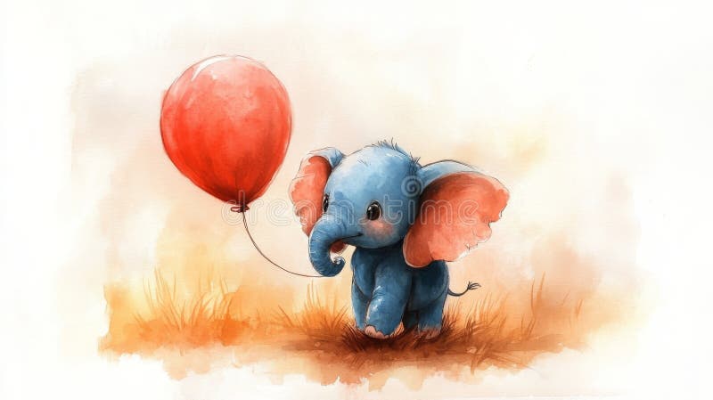 Watercolor Cute Baby Elephant with Balloon Stock Illustration ...
