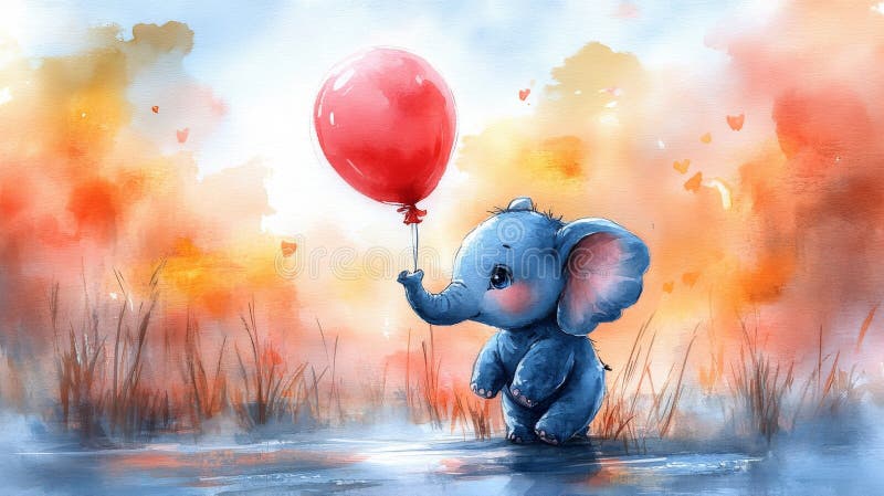 Watercolor Cute Baby Elephant with Balloon Stock Illustration ...