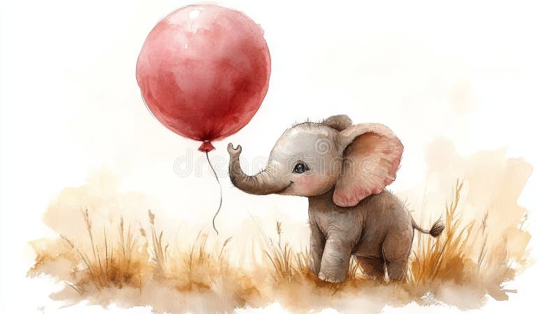 Watercolor Cute Baby Elephant with Balloon Stock Illustration ...