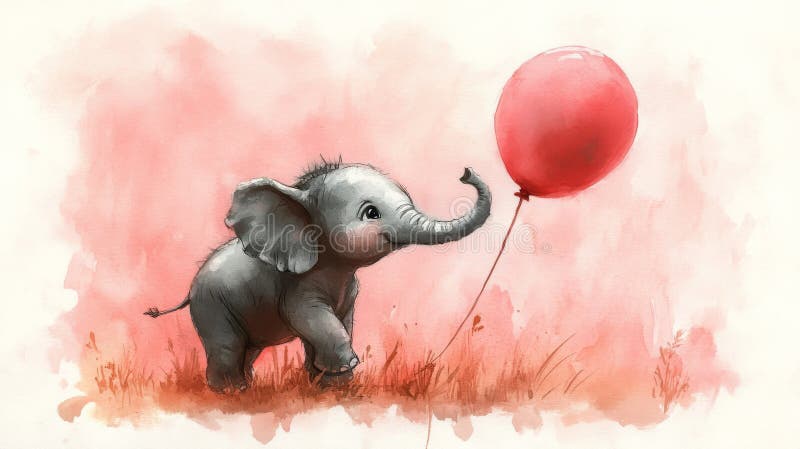 Watercolor Cute Baby Elephant with Balloon Stock Illustration ...