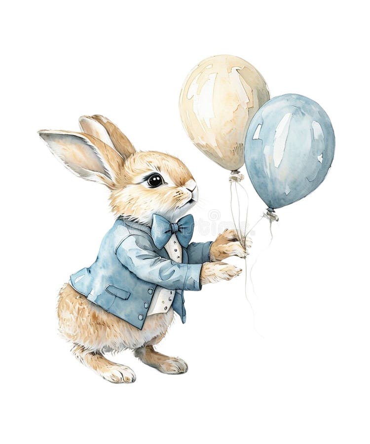 Watercolor Cute Blue Bunny with Balloons Stock Illustration ...