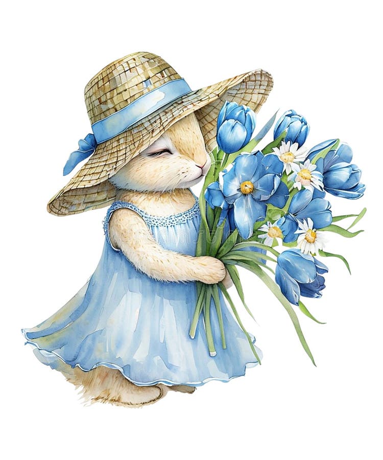 Watercolor Cute Blue Bunny with Flowers Stock Illustration ...