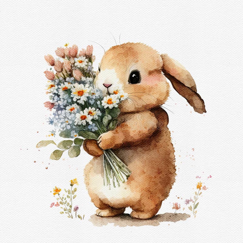Watercolor Cute Bunny Hold Flower Delicate Spring Illustration