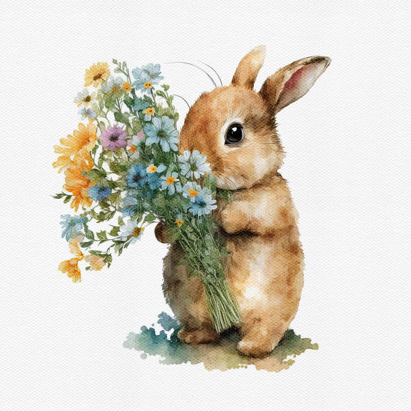 Watercolor Cute Bunny Hold Flower Delicate Spring Illustration