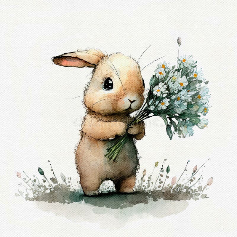 Watercolor Cute Bunny Hold Flower Delicate Spring Illustration