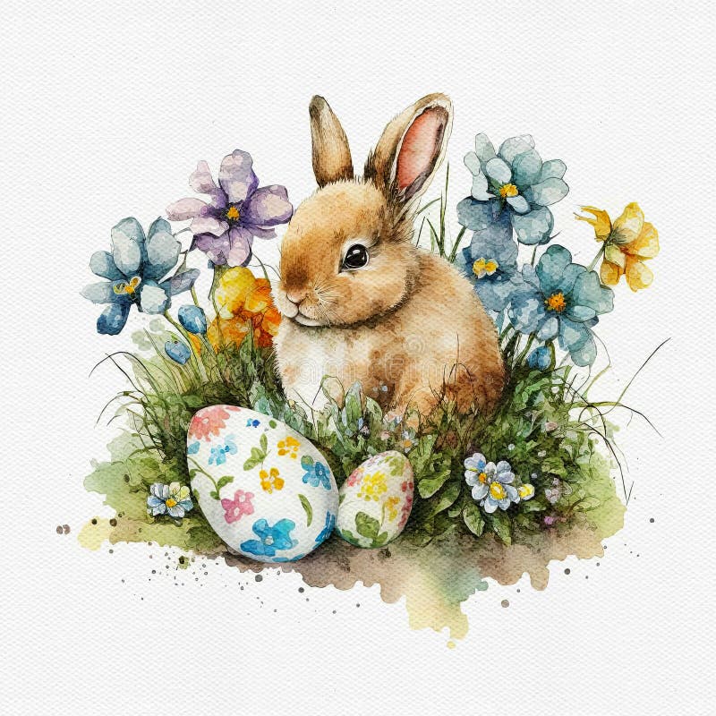 Watercolor Cute Bunny Hold Flower Delicate Spring Illustration