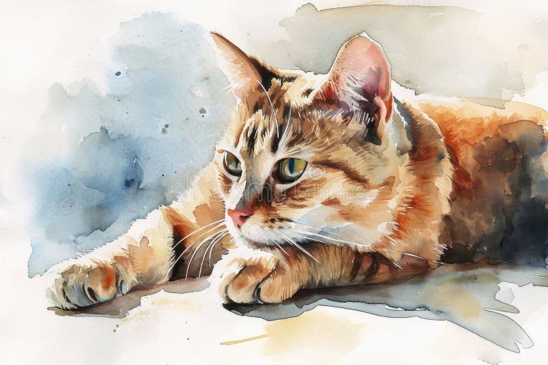 Watercolor of a Cute Cat on White Stock Illustration - Illustration of ...