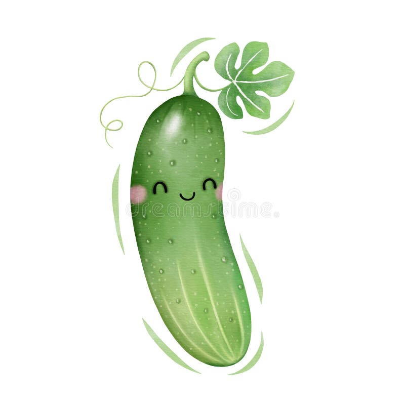 Watercolor Cute Cucumber Cartoon Character. Vector Illustration Stock ...