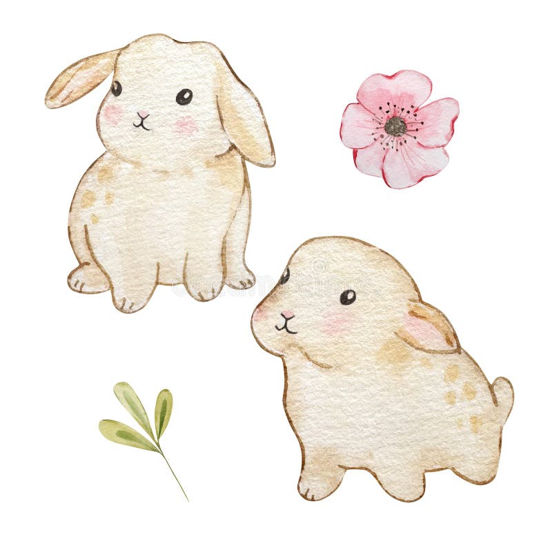 Watercolor Cute Easter Bunny, Nursery Beige Rabbit for Spring Design ...