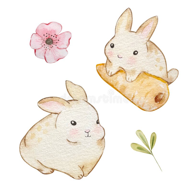 Watercolor Cute Easter Bunny, Nursery Beige Rabbit for Spring Design ...