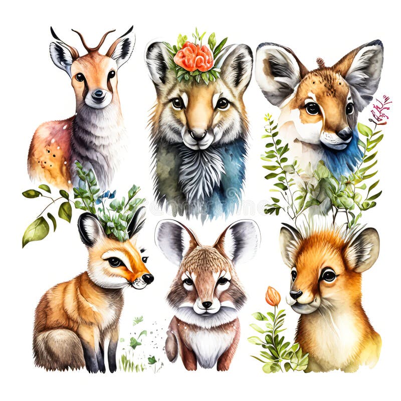 Watercolor of Cute Wild Animals on White Background Stock Photo - Image ...