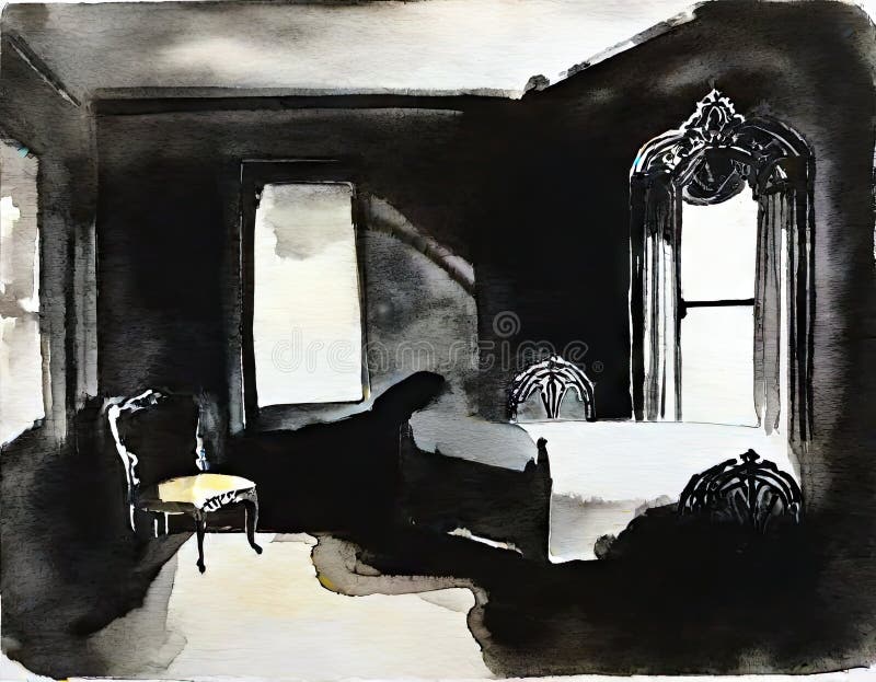 Watercolor of a Dark and Dramatic Bedroom with Ornate Features and ...