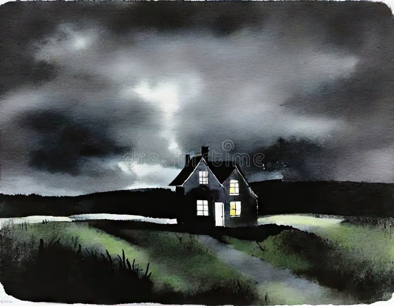 Watercolor of Dark Night Scene with House Amidst Somber Stock ...